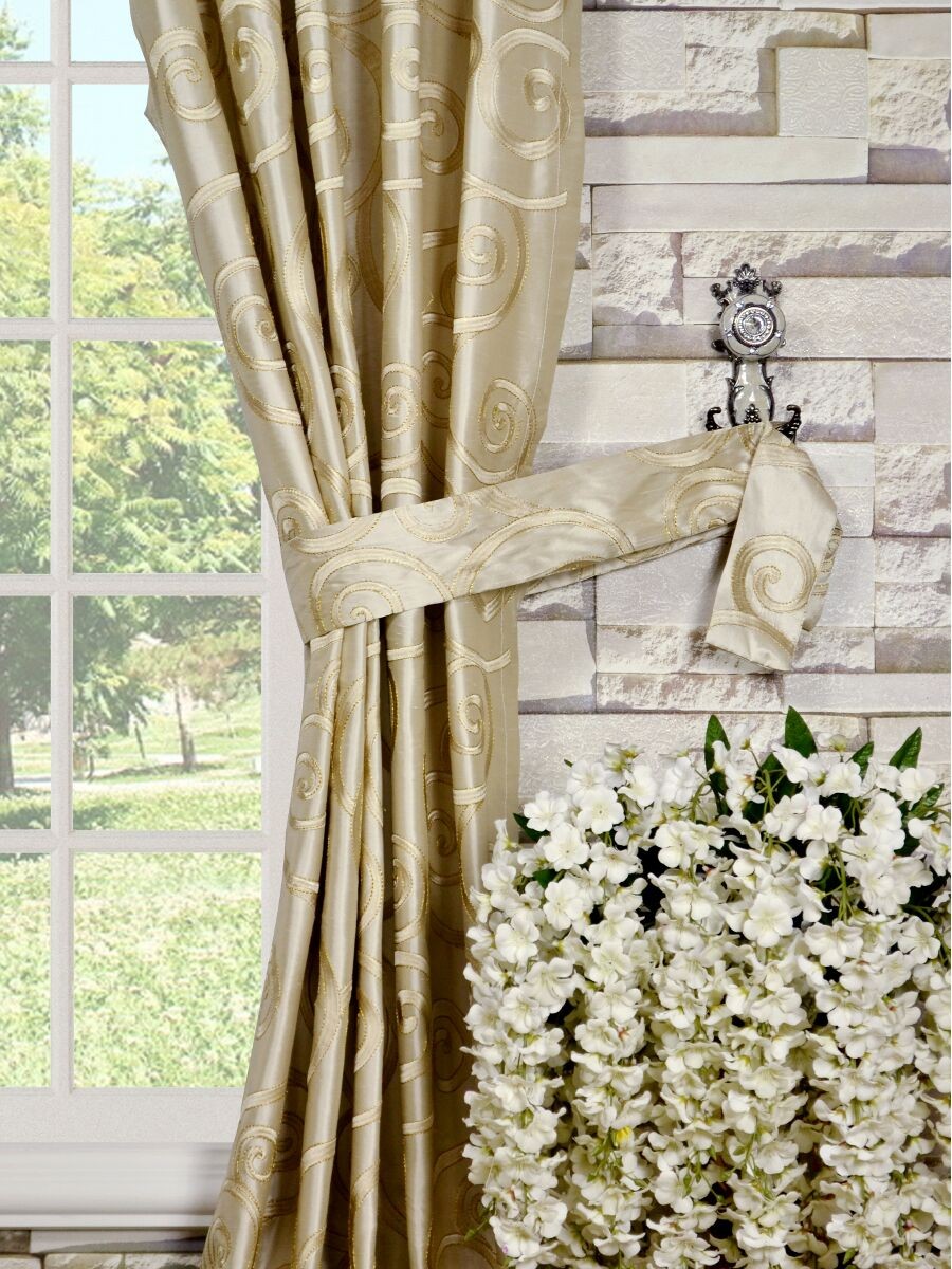 Rainbow Embroidered Scroll Versatile Pleat Dupioni Silk Curtains