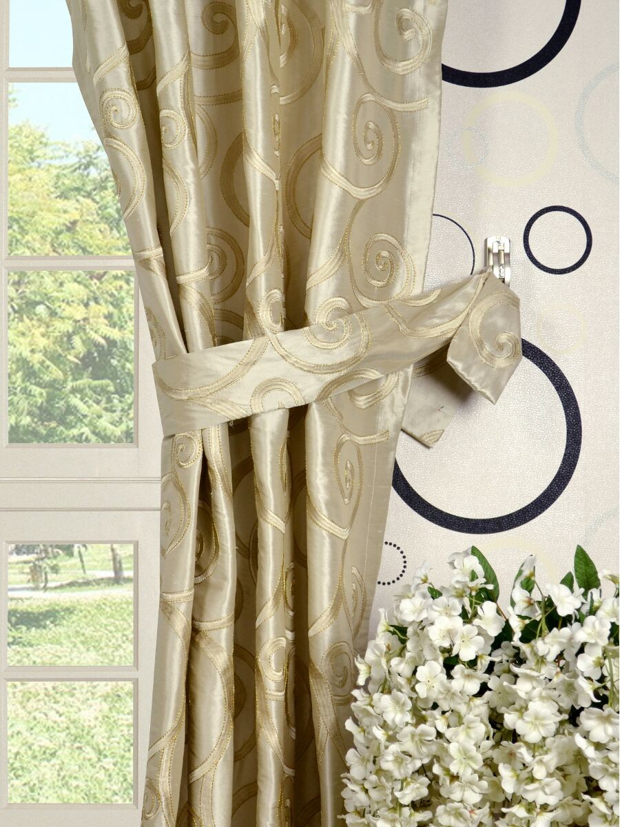 Rainbow Embroidered Scroll Grommet Dupioni Silk Curtains