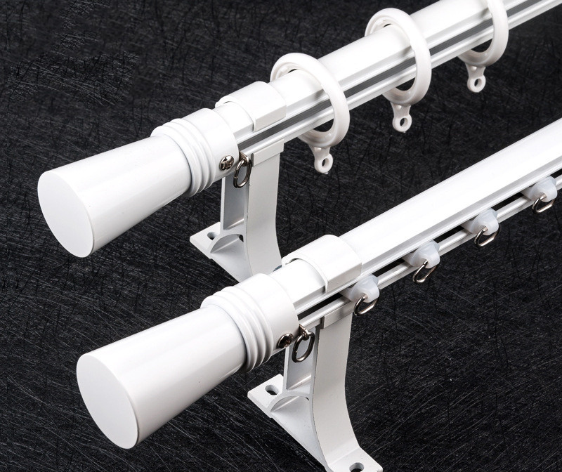 QYR72 White Black Aluminum Alloy Curtain Rod Set With Rollers and Rings ...