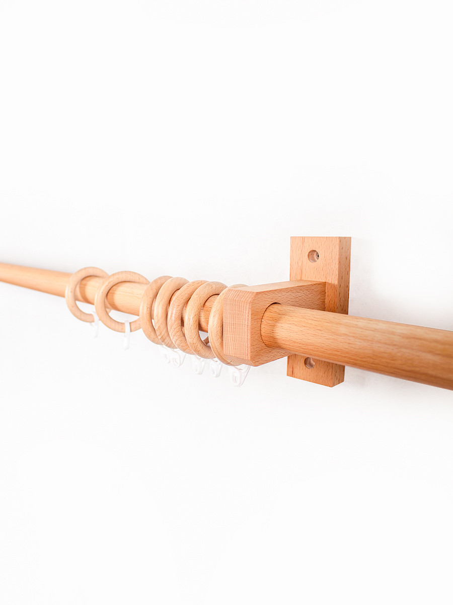 Natural Wood Single Curtain Rod With Wooden Drapery Brackets Customize ...
